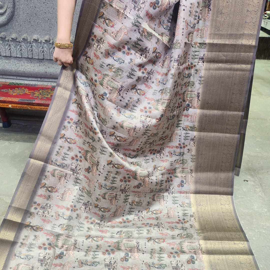 Spanish grey digital printed kota saree – DEEPTHI GANESH ENTERPRISES
